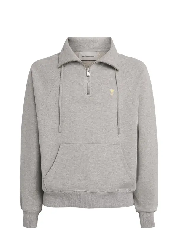 Ami Cotton Logo Quarter-zip Sweatshirt - Grey
