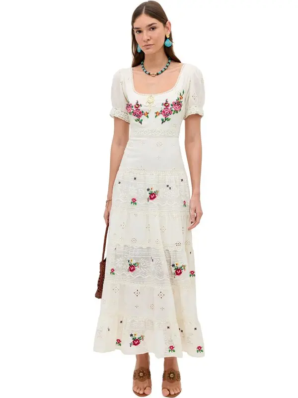 Rixo Cady Spring Rose Embroidery Regular Maxi Dress - Cream