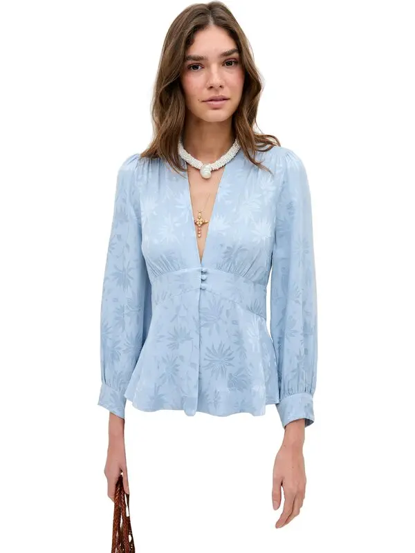 Rixo Lea Daisy Jacquard Bell Regular Top - Blue