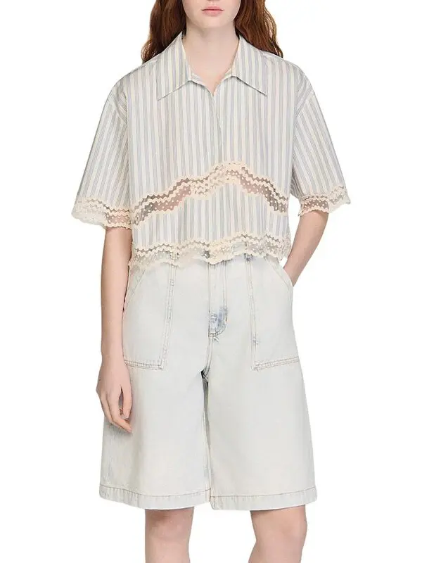 Sandro Cropped Striped Shirt With Lace Detail - Ecru Bleu
