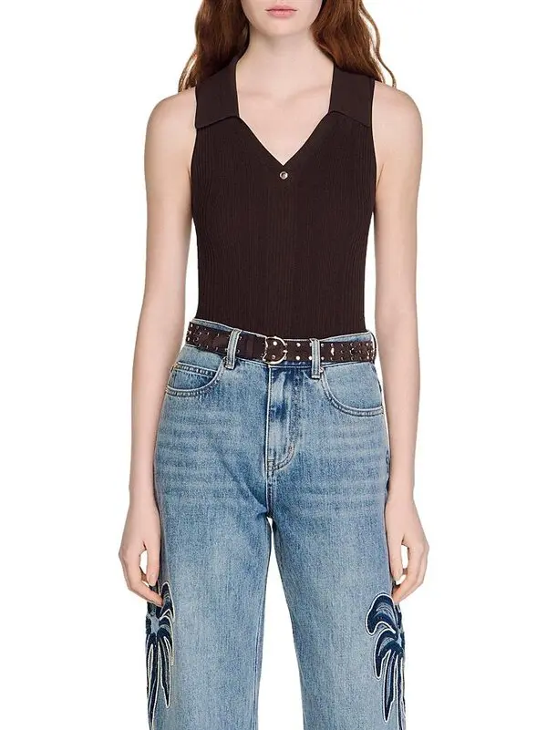 Sandro Ribbed Knit Polo Bodysuit - Brown