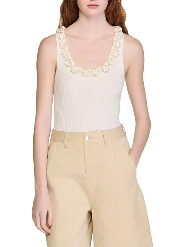 Sandro Ribbed Knit Top With Embellished Roses - White