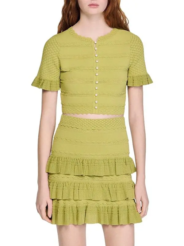 Sandro Cropped Ruffled Sleeve Cardigan - Green