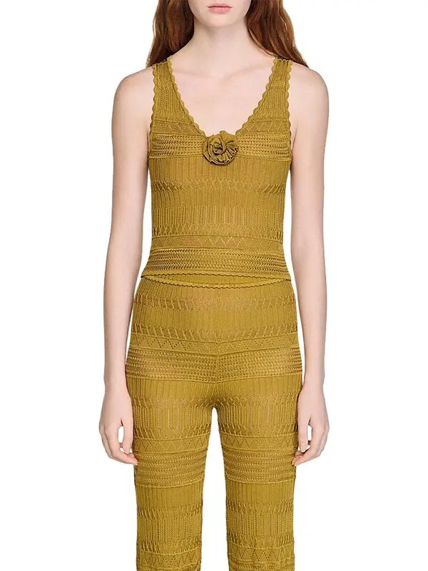 Sandro Floral Pointelle Knit Top - Olive