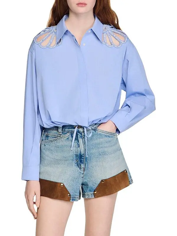 Sandro Embroidered Cotton Shirt - Sky Blue