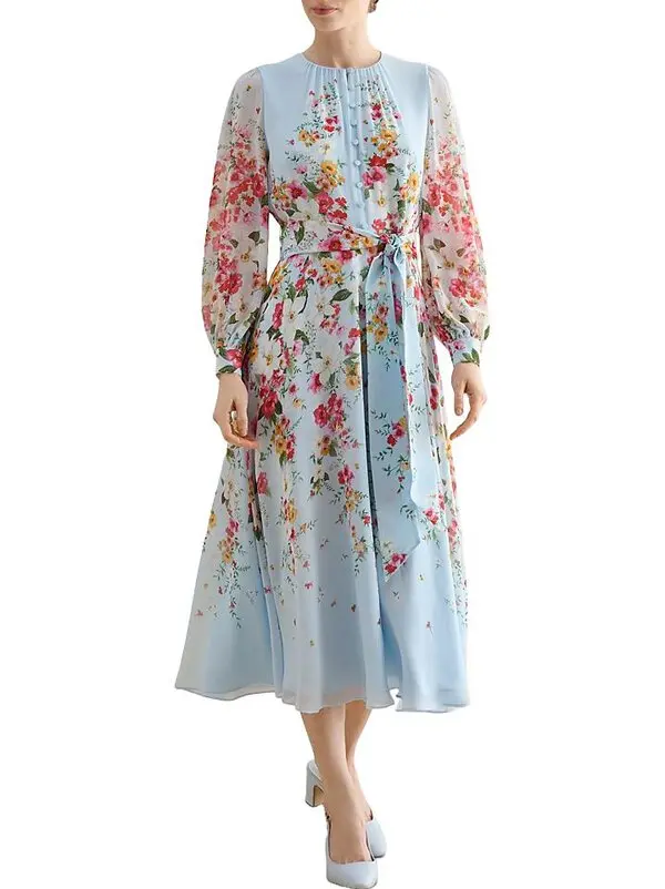 HOBBS LONDON Floral Silk Midi Dress - Pale Blue