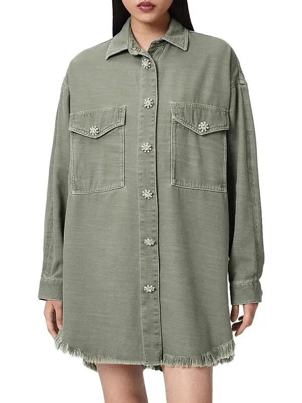 ALLSAINTS Hettie Shacket Dress With Embellished Buttons And Frayed Hem - Vintage Khaki