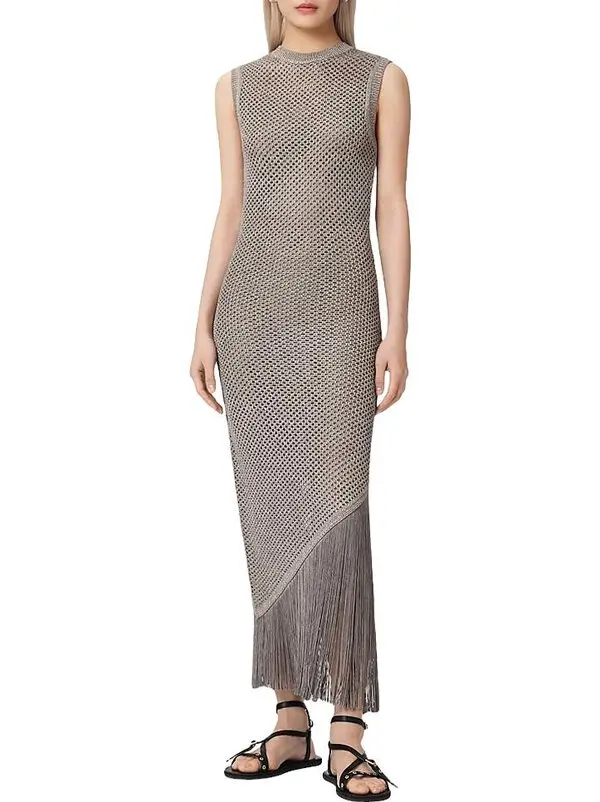 ALLSAINTS Jesse Knit Maxi Dress With Fringe Detail - Pebble Grey