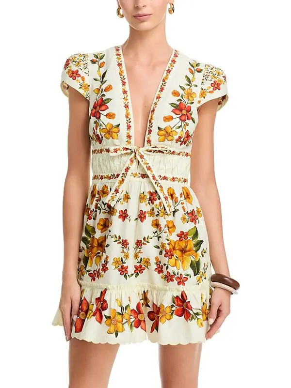 Farm Rio Floral Print Mini Dress - Lemon Bouquet