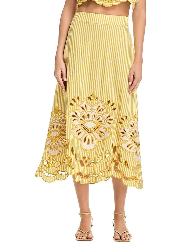Farm Rio Striped Embroidered Midi Skirt - Yellow