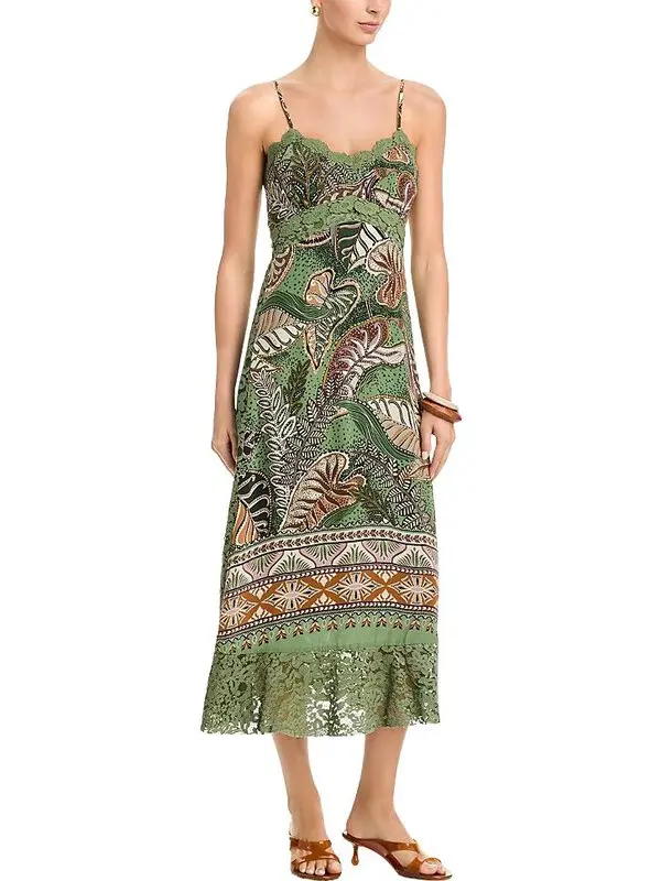Farm Rio Foliage Print Lace Trim Midi Dress - Dotted
