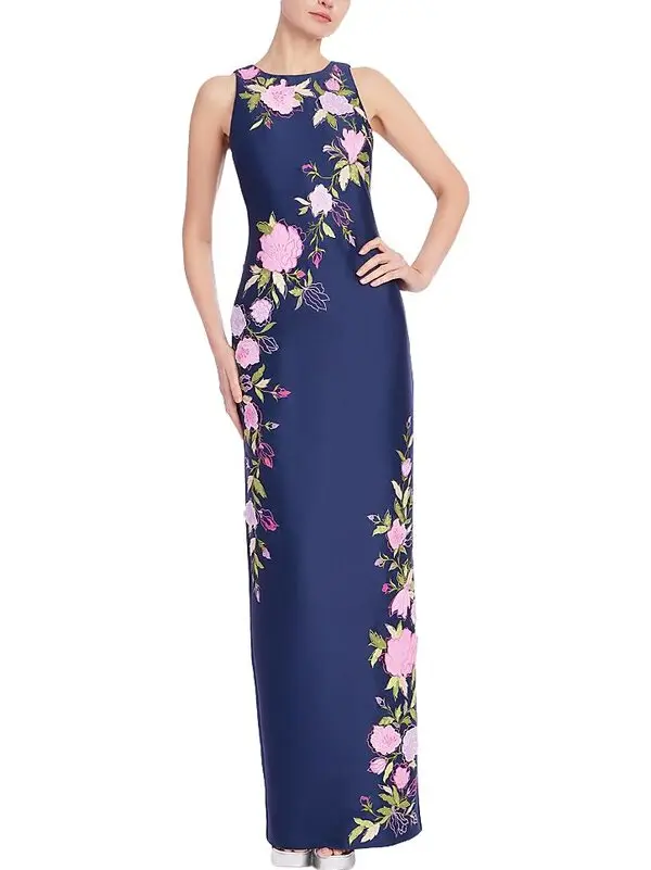 Badgley Mischka Appliqued Embroidered Column Gown - Navy