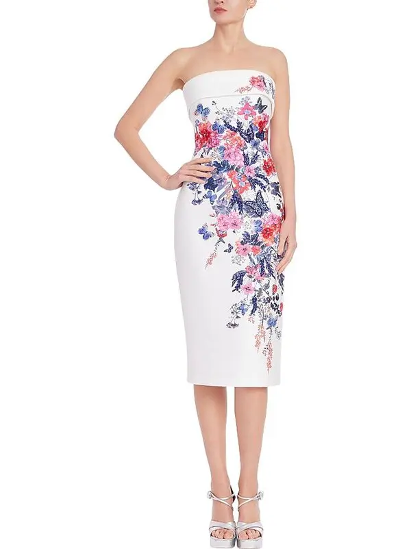 Badgley Mischka Appliqued & Embroidered Strapless Midi Dress - Ivory