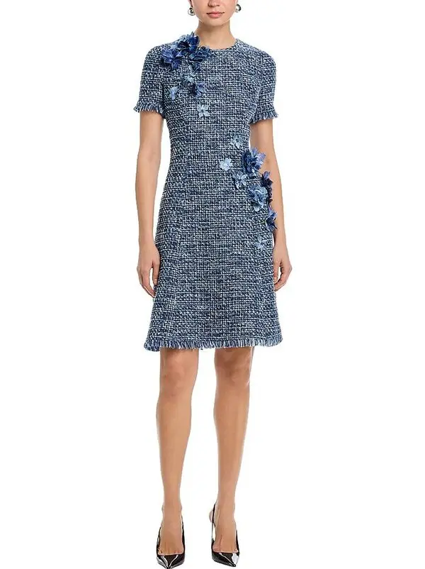 Rickie Freeman For Teri Jon Tweed Dress With 3d Flower Trim - Blue Multi