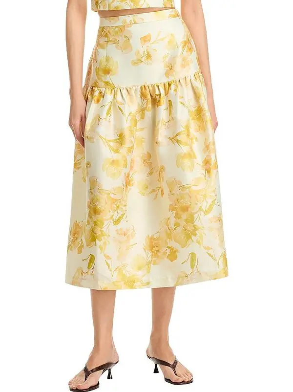 French Connection Structured Taffeta Floral Midi Skirt - Daisy Yellow