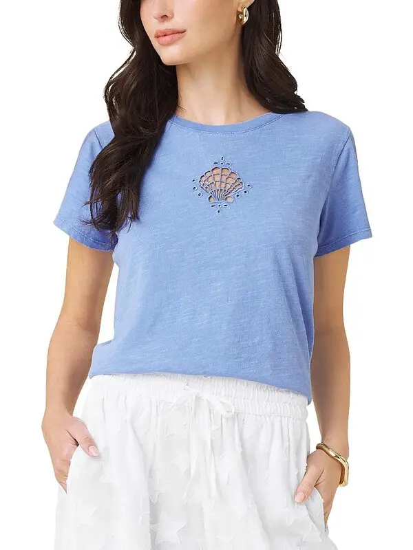 Splendid Seashell Embellished Cotton Tee - Azure