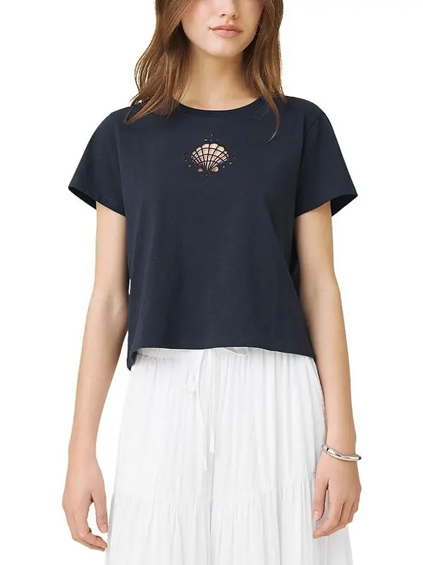 Splendid Seashell Embellished Cotton Tee - Navy