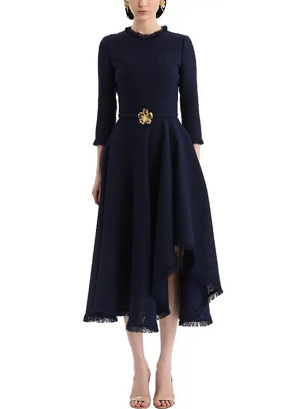 Oscar De La Renta Asymmetrical Hem Slubby Tweed Midi Dress - Navy