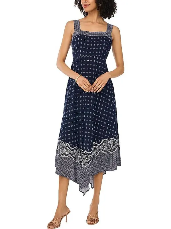 Vince Camuto Printed Hanky Hem Tank Midi Dress - Classic Navy