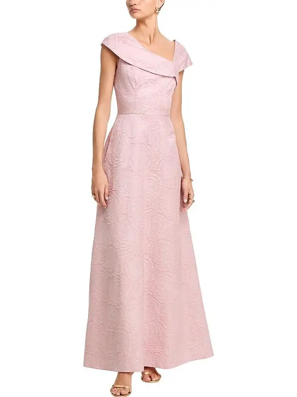 Aqua Long Asymmetrical Neck Floral Ball Gown Exclusive - Blush