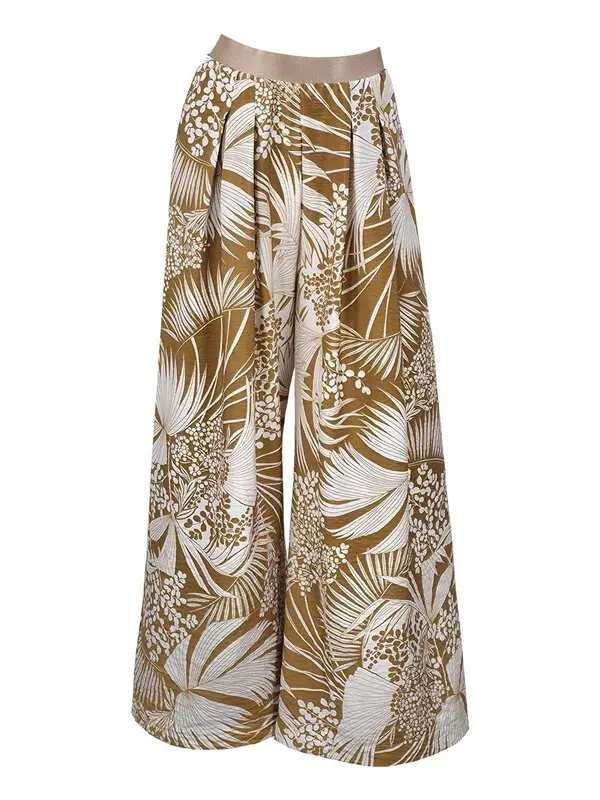 ME & THEE Tropical Print Wide Leg Trousers - Gold/yellow