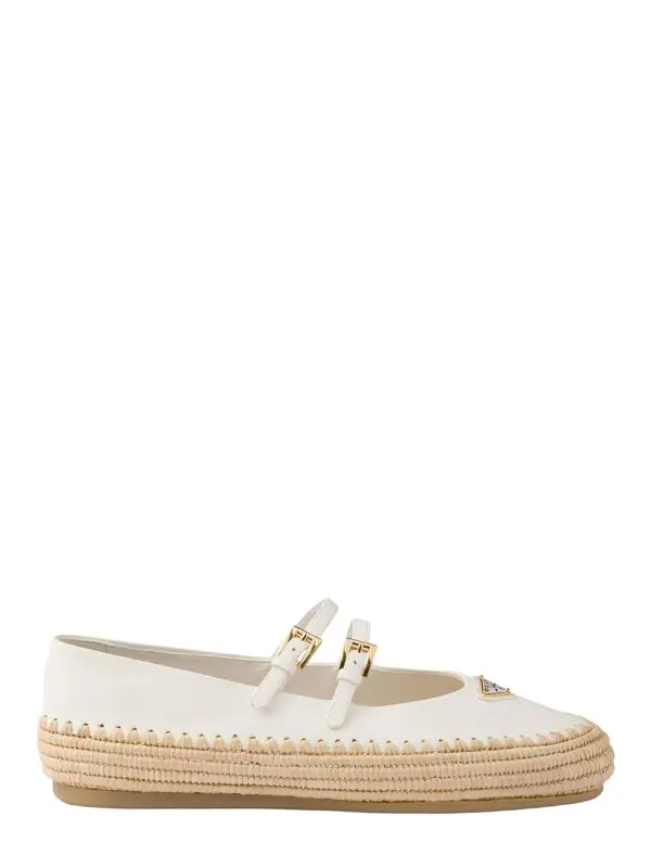 Prada Leather And Raffia Ballet Flats With Buckle Straps - Neutral