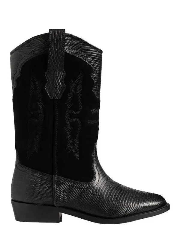 Zadig&Voltaire Western Style Leather Boots With Reptile Effect And Embroidery - Black