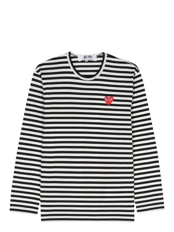 Comme Des Garçons Striped Cotton Long Sleeve T-shirt With Heart Patch - Black