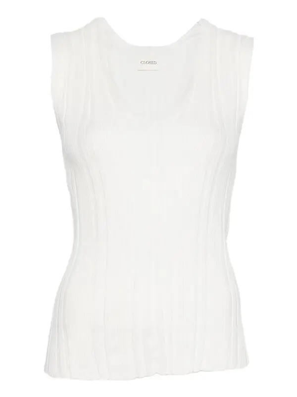 Closed Ribbed Knit V-neck Sleeveless Sweater - Avorio