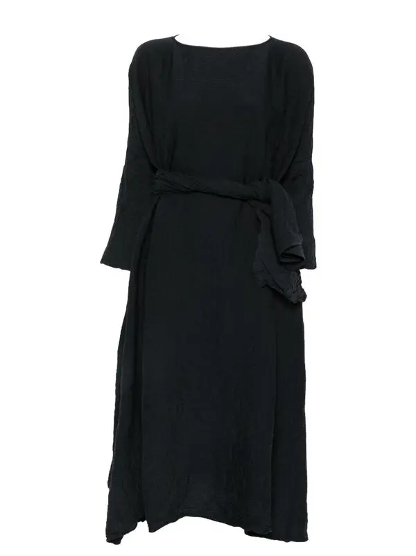 DANIELA GREGIS Black Cotton Crinkled Finish Belted Dress - Nero