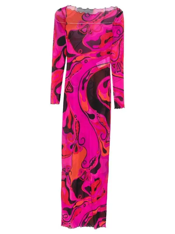 Emilio Pucci Printed Long Sleeve Maxi Dress - Fucsia