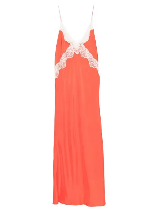 FORTE_FORTE Long Slip Dress With Lace Trim - Rosso