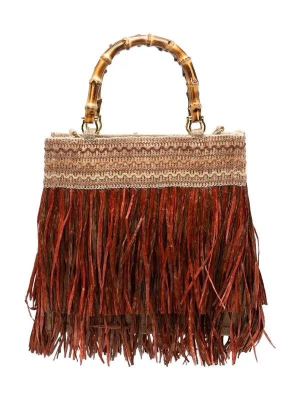 LA MILANESA Calla Medium Handbag With Fringe Detail And Bamboo Top Handle - Bordeaux