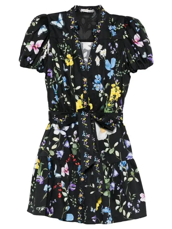 Alice + Olivia Cora Mini Dress With Floral Print And Puff Sleeves - Nero