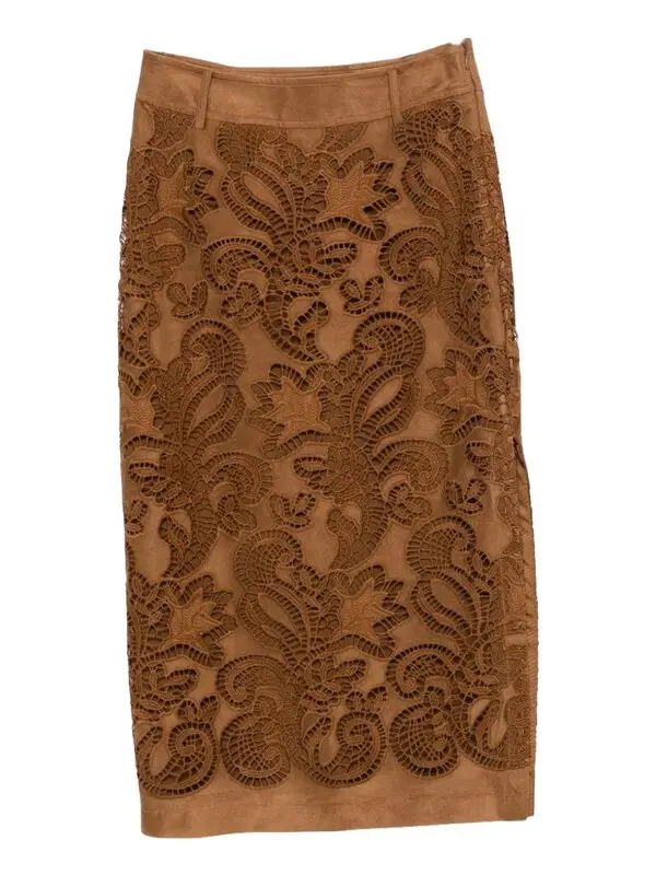 ERMANNO FIRENZE Suede Leather Effect Floral Laser-cut Skirt - Marrone Chiaro