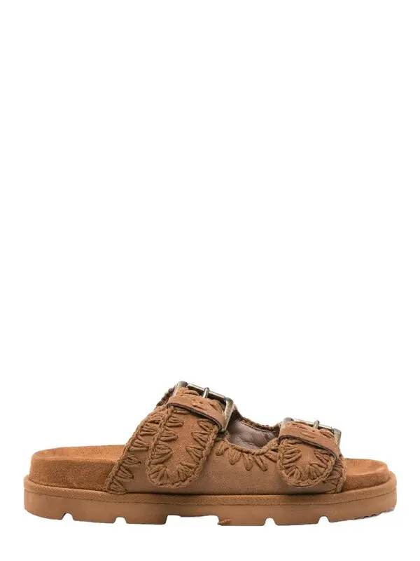 Mou Calf Suede Slip-on Sandals With Whipstitch Trim And Double Buckle Fastening - Marrone Chiaro