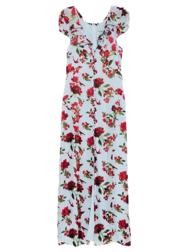 Alice + Olivia Tara Floral Print Ruffled V-neck Maxi Dress - Azzurro