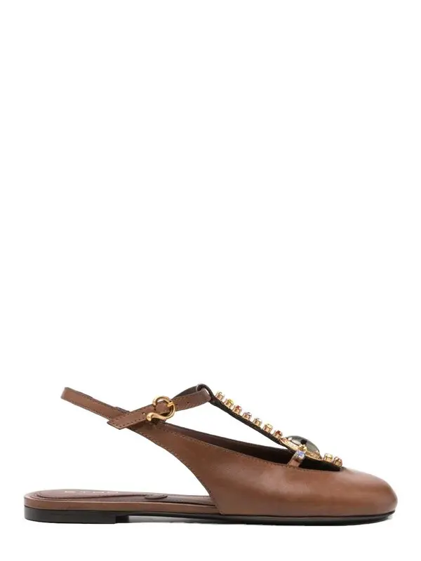 Etro Leather Embellished Slingback Flats - Cuoio