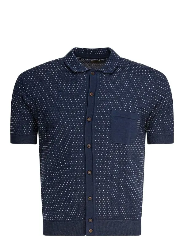 RAKKI Textured Knit Short Sleeve Polo Shirt With Micro Geometric Pattern - Blue