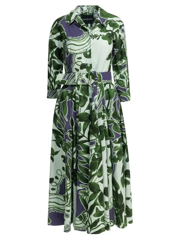 Samantha Sung Printed Belted Shirt Dress - Green
