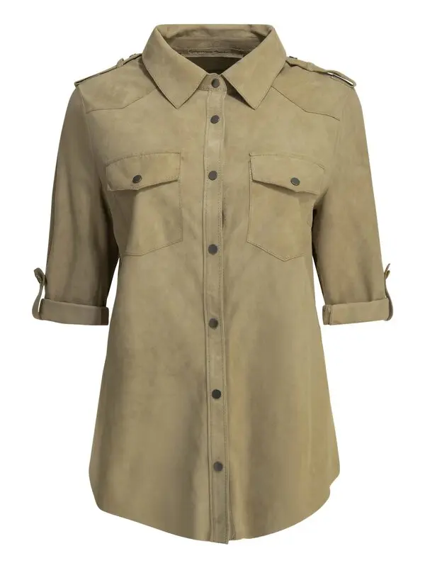 SALVATORE SANTORO Suede Shirt With Classic Collar - Beige
