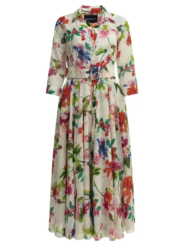Samantha Sung Floral Print Belted Cotton Shirt Dress - White