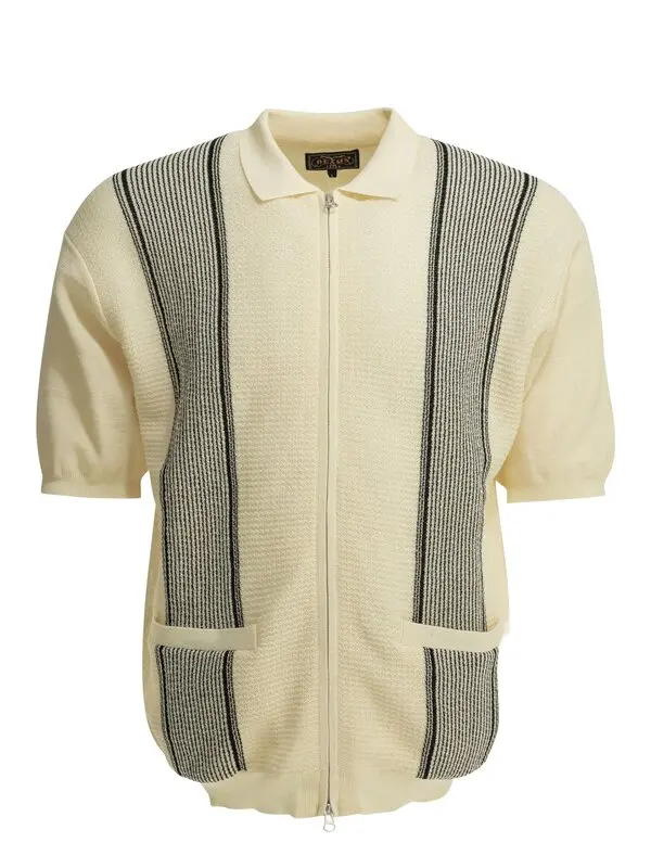 BEAMS Textured Knit Zipper Polo Shirt - White