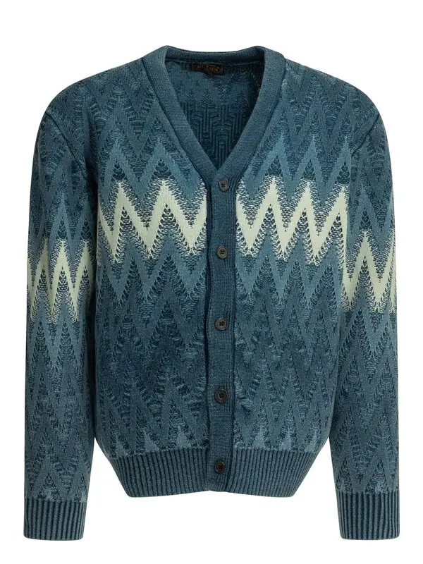 BEAMS Indigo Yarn Chevron Knit V-neck Cardigan - Blue