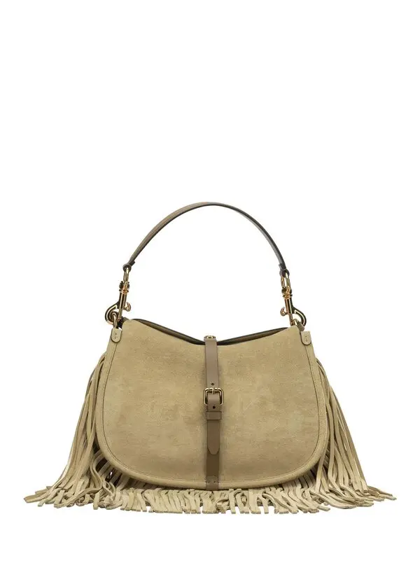 Etro Pony Medium Handbag In Suede With Fringe Detail - Beige