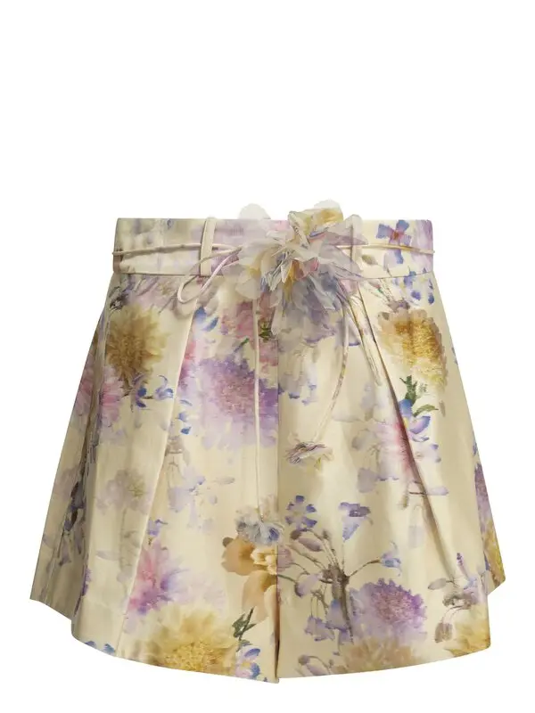 Zimmermann Luna Floral Print Silk And Cotton High-waisted Pleated Shorts - White