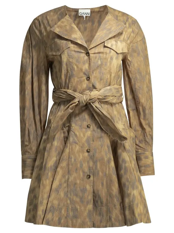 GANNI Animal Print Long Sleeve Shirt Dress With Tie Belt - Beige