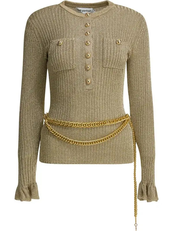 SELF-PORTRAIT Metallic Knit T-shirt With Belted Detail - Gold