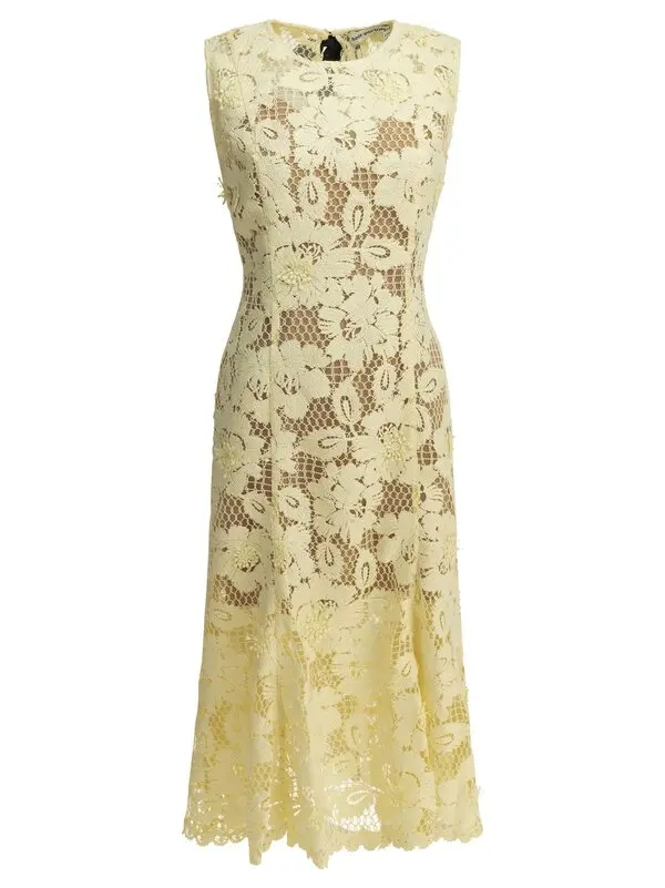 SELF-PORTRAIT Flared Midi Dress With Crochet Lace And Scalloped Hem - Yellow