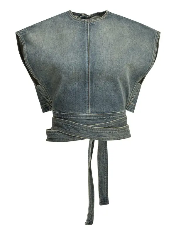 Alaïa Sleeveless Denim Cropped Top With Integrated Waistband - Light Blue